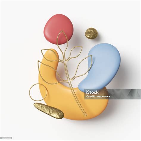 3d 렌더링 황금 와이어로 만든 장식 다채로운 모양과 잎추상 기하학적 구성 흰색 배경에 고립 된 최소한의 라인 아트 선물에 대한
