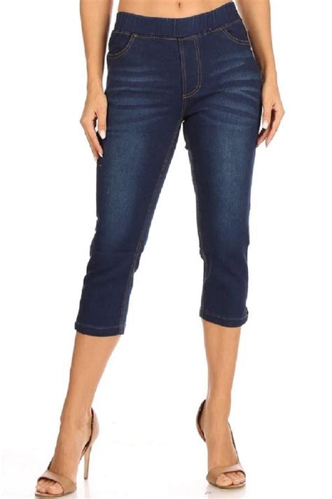 Jvini Womens Pull On Stretch Denim Capri Pants With Pockets Dark Blue