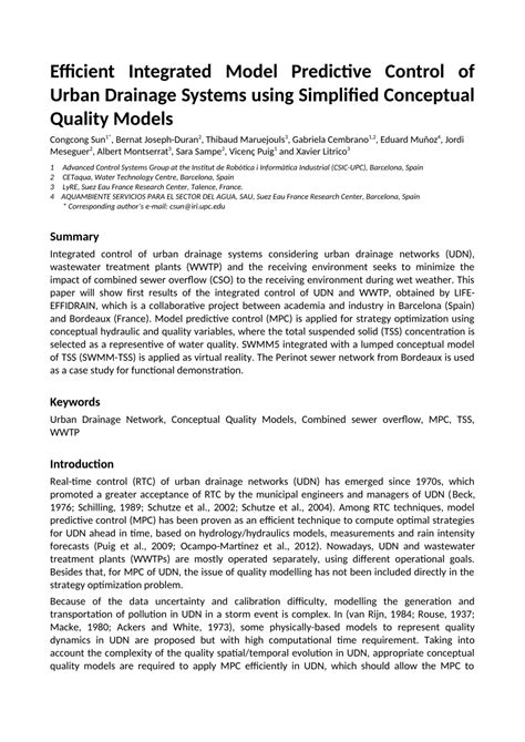 Pdf Efficient Integrated Model Predictive Control Of Urban Drainage
