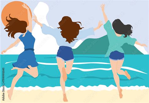 波打ち際 海・浜 でジャンプをする女性のイラスト Stock Illustration Adobe Stock