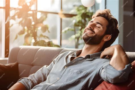 Premium Photo Satisfied Handsome Young Man Relaxing On Sofa At Home In Living Room Resting