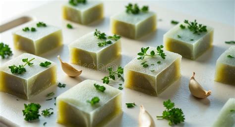 Fresh Frozen Soup Cubes On Cutting Board With Herbs And Garlic Modern