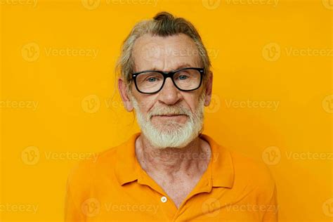 Cheerful Old Man Gray Beard Glasses Yellow Background 25696699 Stock