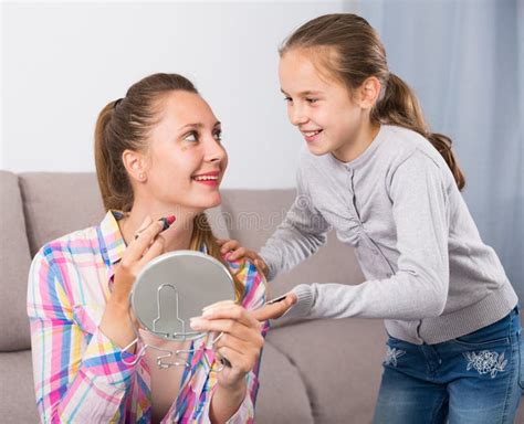 Girl And Cheerful Female Looking Mirror Stock Image Image Of