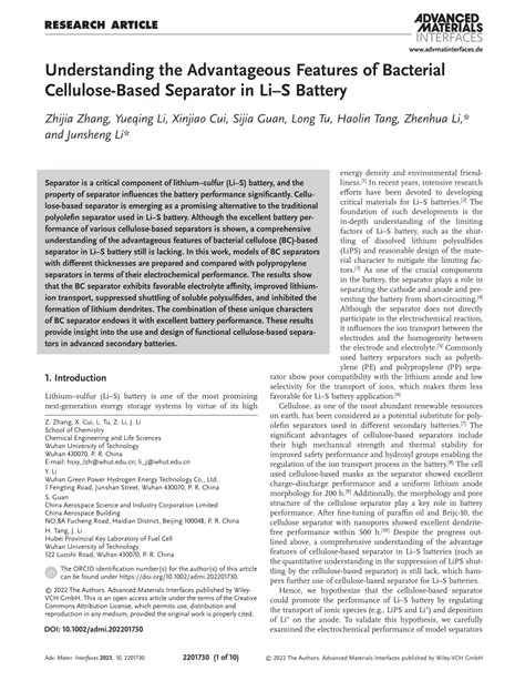 PDF Understanding The Advantageous Features Of Bacterial CelluloseBased Separator In LiS Battery