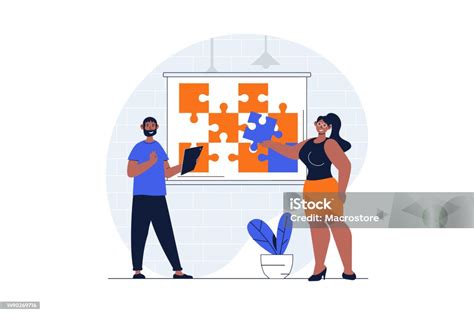 캐릭터 장면이 있는 팀워크 웹 개념 남자와 여자는 퍼즐을 모으고 프로젝트에서 함께 일한다 플랫 디자인의 사람들 상황 소셜 미디어 마케팅 자료에 대한 벡터 그림입니다 개념에