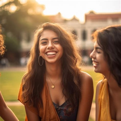 Premium Ai Image Girls Laughing In Front Of A Building With The Sun