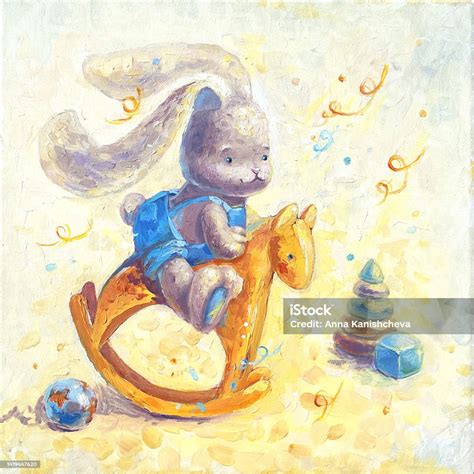 쾌활한 아기 토끼는 나무 흔들리는 말을 타고 밝은 배경에 보육원 유치원을위한 예술적 그림 어린이 신생아를위한 오일 캔버스 파란색