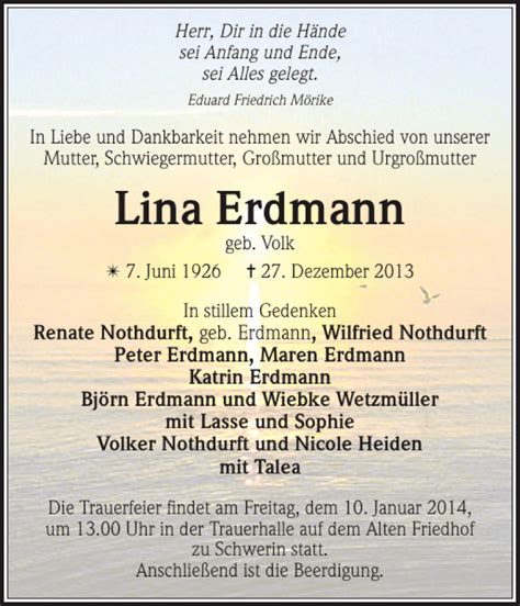 Traueranzeigen Von Lina Erdmann Trauer Nordkurier