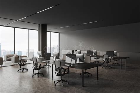 стильный офис интерьер с коворкингом и охлаждающей зоной с панорамным окном Иллюстрация штока