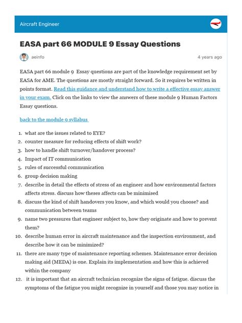 Easa Part 66 Module 9 Essay Questions Human Factors Essay Questions