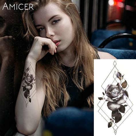 시든 장미 핫 블랙 화이트 큰 꽃 헤나 임시 문신 블랙 멘디 스타일 방수 문신 스티커 1 개tattoo Sticker