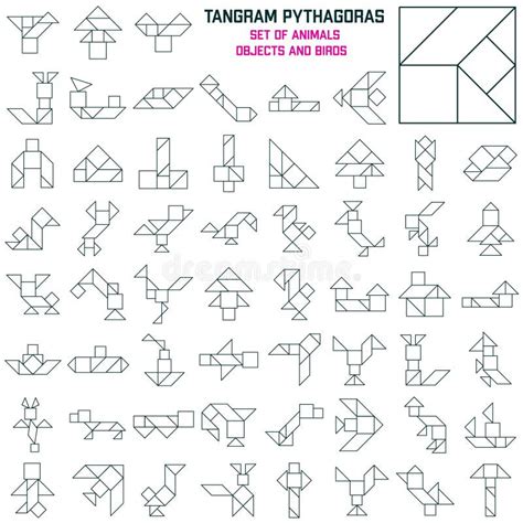 Set Of Tangram Puzzle Line Pythagoras Square Stock Vector