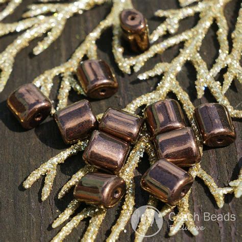 Metallic Dark Bronze Puffed Rectangle Czech Glass Beads Bronze