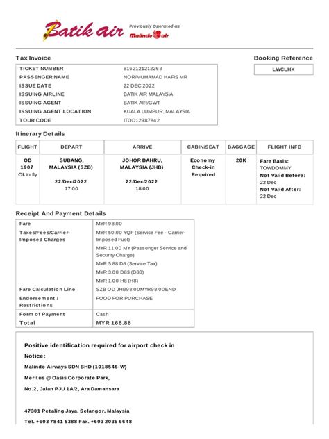 Electronic Ticket Receipt December 22 For Mr Muhamad Hafis Nor