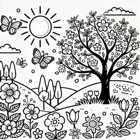 رسومات منظر طبيعي للتلوين فصل الربيع بجودة عالية