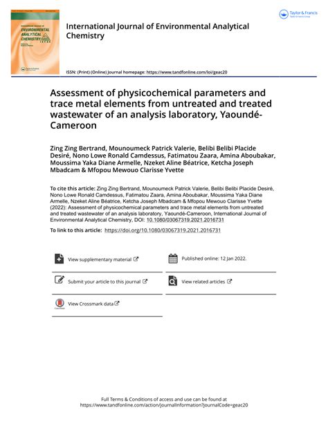 Pdf Assessment Of Physicochemical Parameters And Trace Metal Elements