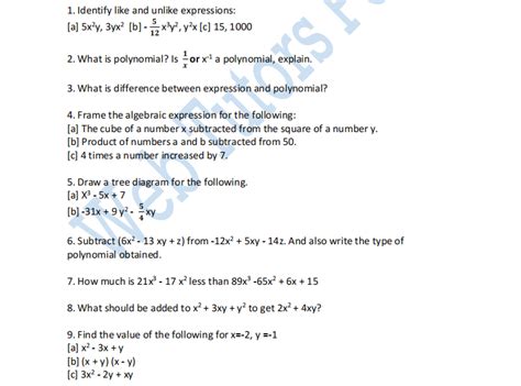 Algebraic Expressions Class 7 Maths Questions By Web Tutors Point
