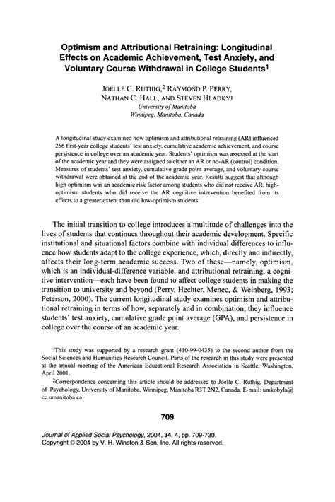 Pdf Optimism And Attributional Retraining Longitudinal Effects On Academic Achievement Test