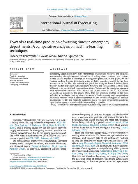 Towards A Real Time Prediction Of Waiting Times In Emergency Pdf