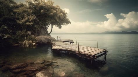 Premium Ai Image A Wooden Dock On A Lake With A Cloudy Sky In The