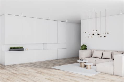 소파와 베이지 색 쿠션 나무 바닥밝은 흰색 거실 인테리어 디자인 컨셉 3d 렌더링 0명에 대한 스톡 사진 및 기타 이미지 0