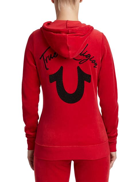Womens Crystal Embellished Velour Zip Up Hoodie