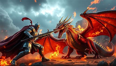 Knight Fighting Dragon Fantasy Art Battle Scene Epic Conflict Fire