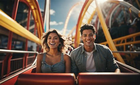 Happy Young Couple On A Roller Coaster Stock Illustration