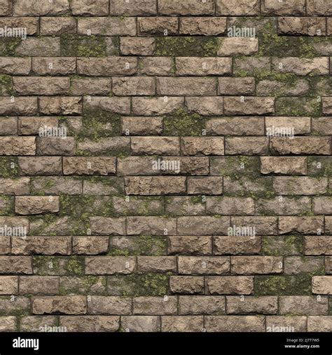 3d Realistic Vintage Medieval Brick Wall With Moss Algae Rendered