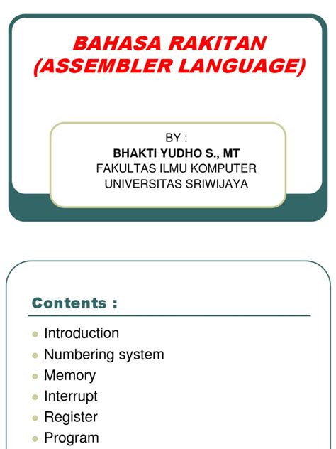 Bahasa Rakitan Assembler Language By Fakultas Ilmu Komputer Universitas Sriwijaya Pdf