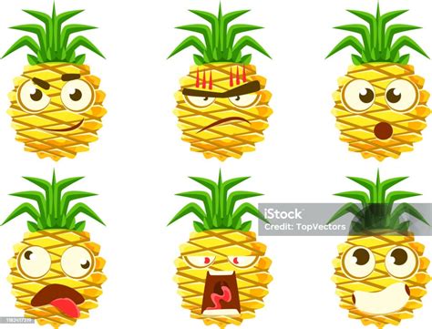 재미있는 파인애플 캐릭터 세트 다양한 표현 벡터 일러스트와 귀여운 열대 과일 이모티콘 건강한 식생활에 대한 스톡 벡터 아트 및 기타 이미지 건강한 식생활 과일 귀여운
