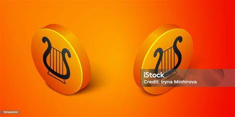 아이소 메트릭 고대 그리스 거문고 아이콘은 주황색 배경에 고립되어 있습니다 클래식 악기 Orhestra 현악 어쿠스틱 요소 주황색 원 버튼 벡터 3차원 형태에 대한 스톡