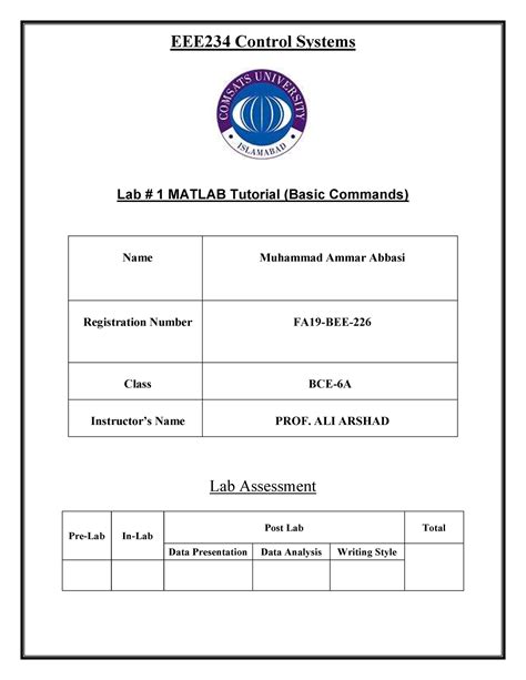 cs lab 1 the first lab report for control systems eee234 control