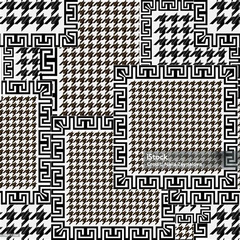 질감 이질감 흑백 하운드투스 원활한 패턴 벡터 장식 패치 워크 배경입니다 현대 사냥개 치아 장식품입니다 그리스 어 키 사행 프레임기하학적 디자인 화려한 질감 반복 걸레에