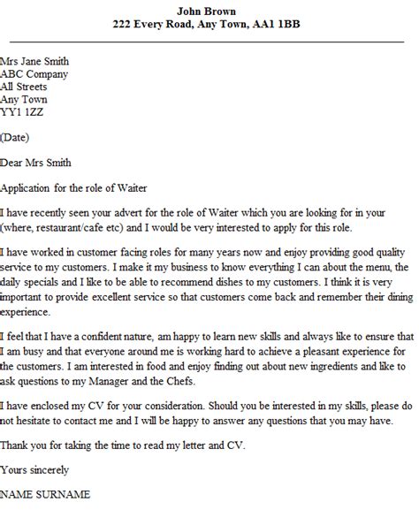 Waiter Cover Letter Example Icover Org Uk
