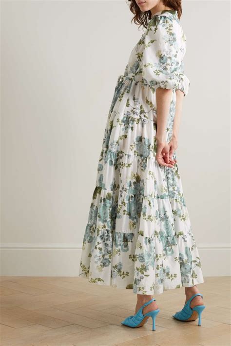 ERDEM Dalia Tiered Floral Print Cotton Poplin Midi Dress Midi Dress
