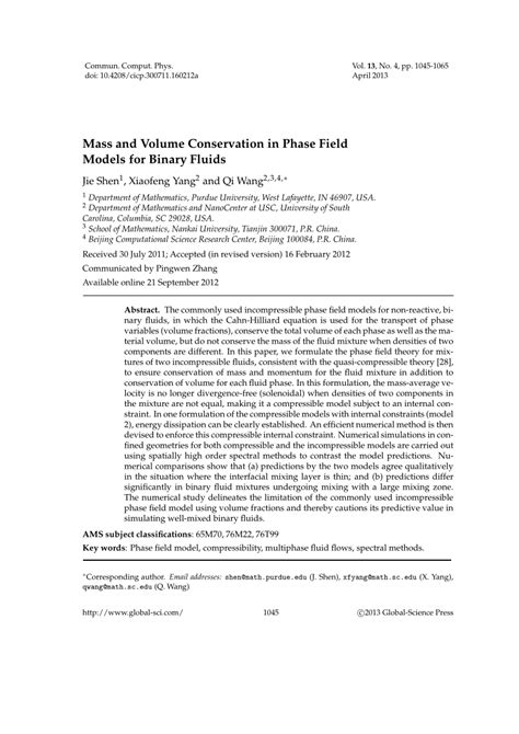 Pdf Mass And Volume Conservation In Phase Field Models For Binary Fluids