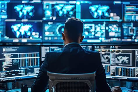 Premium Photo A Man Sitting At A Desk In Front Of Multiple Computer Monitors