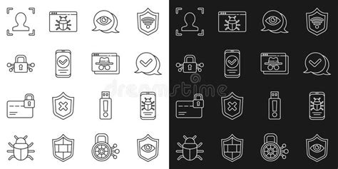 Set Line Shield And Eye System Bug On Mobile Check Mark In Speech Bubble Eye Scan Smartphone