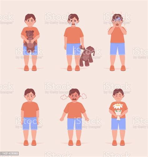 감정을 보여주는 어린 소년 세미 플랫 컬러 벡터 캐릭터 세트 2차 도형에 대한 스톡 벡터 아트 및 기타 이미지 2차 도형