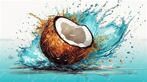 Premium Ai Image Coconut In Water Splash Flow Illustration Of Juicy Coco With Water Drops