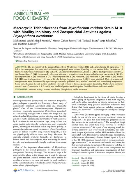 Pdf Macrocyclic Trichothecenes From Myrothecium Roridum Strain M10 With Motility Inhibitory