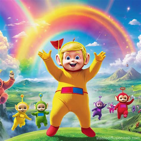 Trump In Teletubbies Costume Runs Across Rainbow Sky Stable Diffusion