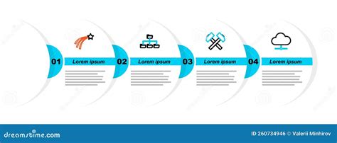 Set Line Network Cloud Connection Two Crossed Hammers Folder Tree And Falling Star Icon