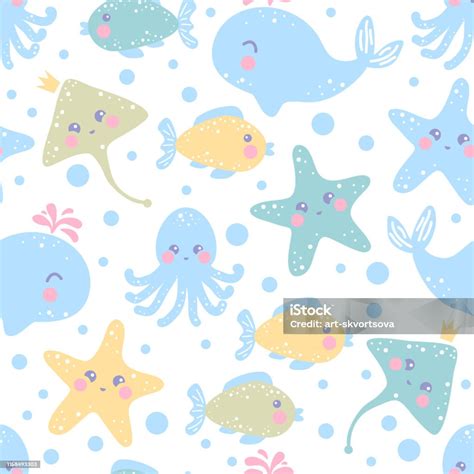 고래 경사로 물고기 불가사리 문어와 원활한 바다 패턴 벡터 일러스트입니다 유치 한 벡터 원활한 바다 벽지 벽지 패턴 채우기 웹 페이지 배경 표면 질감에 적합 0명에 대한
