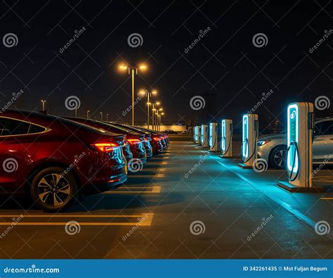 Illuminated Electric Car Charging Stations Lined Up In Parking Lot A