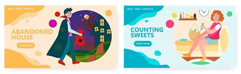 할로윈 휴일 파티 벡터 개념 일러스트 할로윈 의상을 입은 남자가 밤에 무서운 성을 통과합니다 여자는 트릭 이나 치료 게임 후 과자와 돈을 계산합니다 웹 사이트 디자인 템플릿