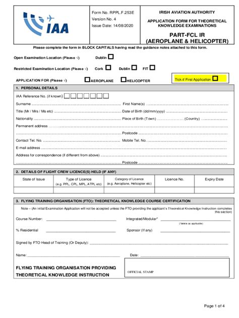Fillable Online Application Form For PART FCL IR Examination Irish