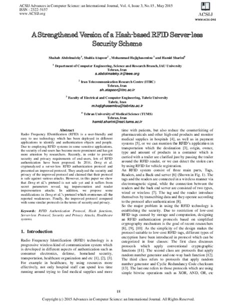Pdf A Strengthened Version Of A Hash Based Rfid Server Less Security